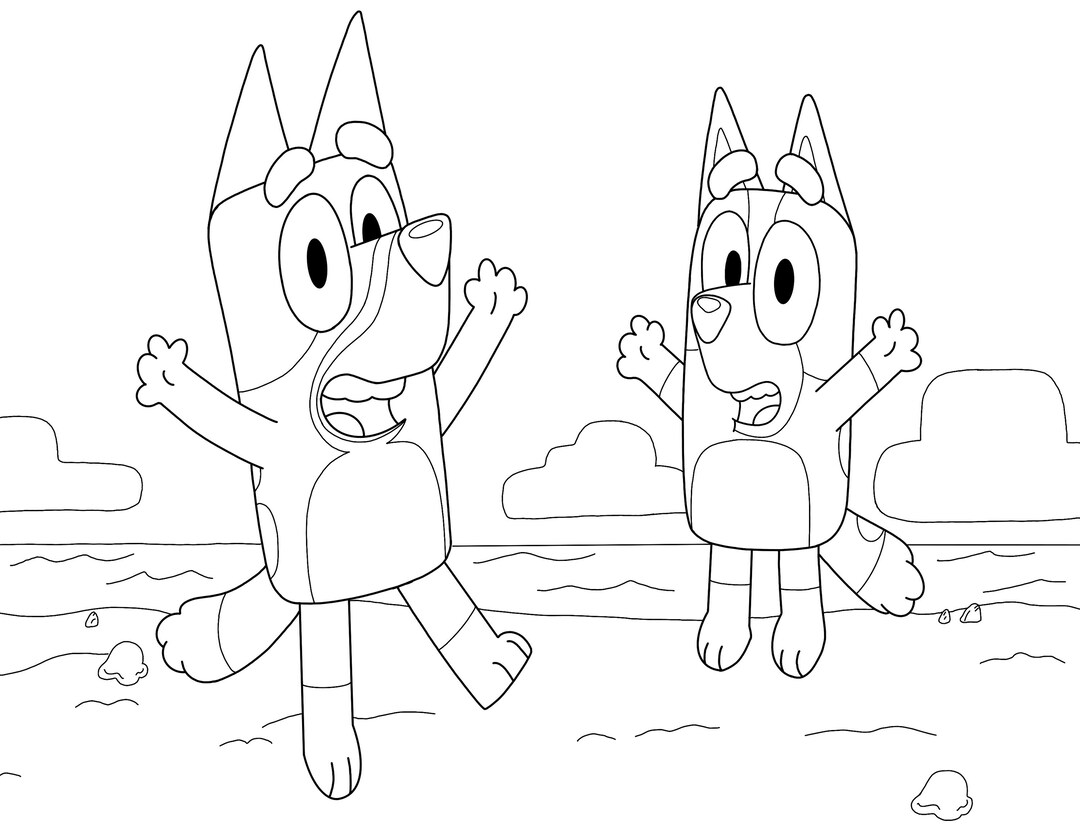 Bluey and Bingo Together on the Beach Digital Kids Coloring Page Png ...