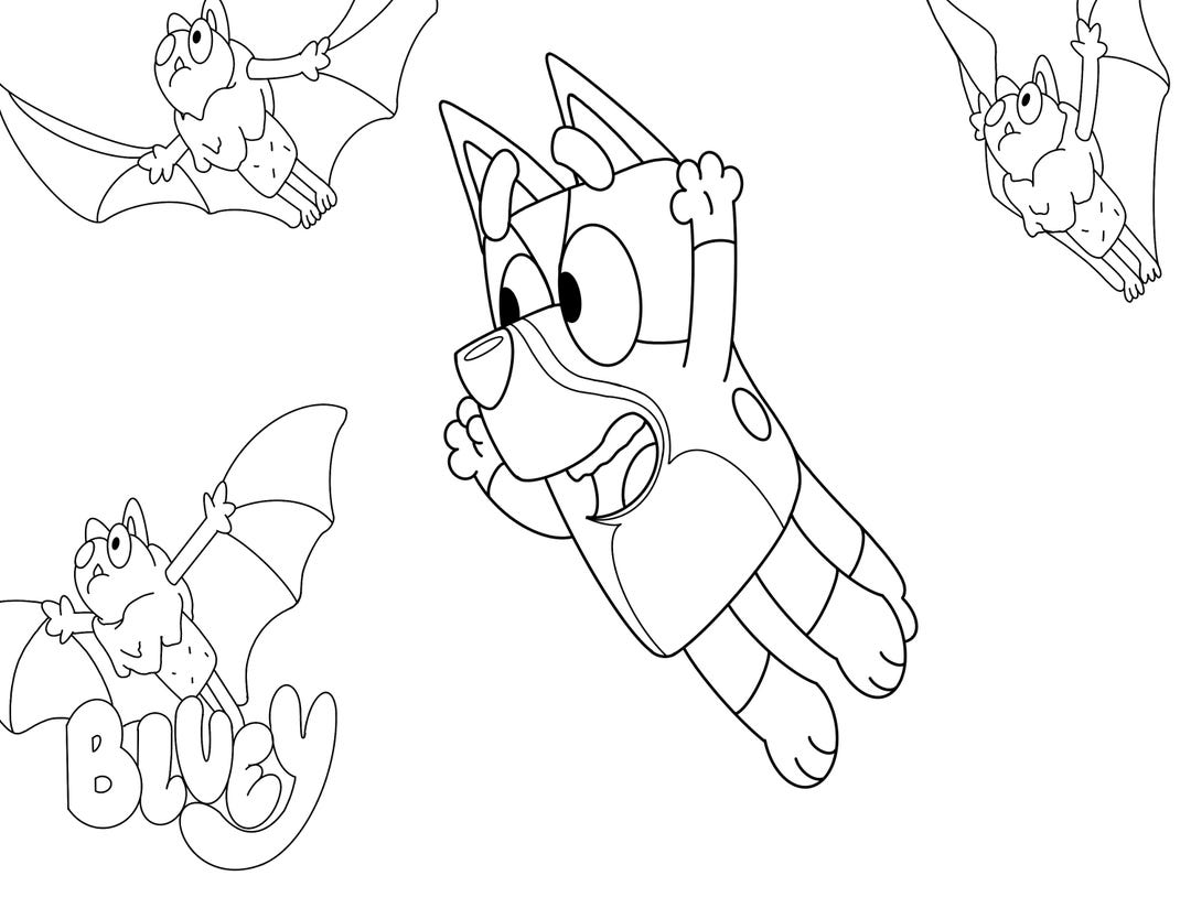 Bluey Flying With Bats Halloween Special Digital Kids Coloring Page Png ...