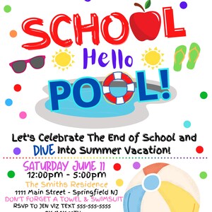 End of School Pool Party Invitation, Printable Digital Invite, Goodbye ...