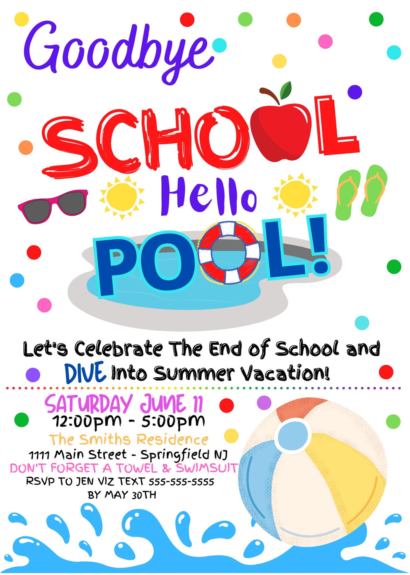 End of School Pool Party Invitation, Printable Digital Invite, Goodbye ...