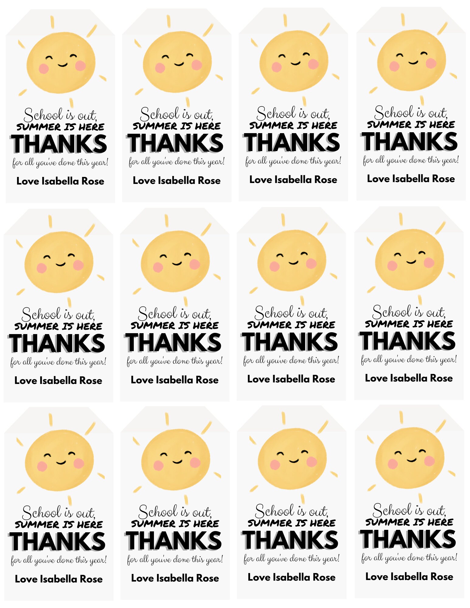 Summer Teacher Appreciation Gift Tag Template, Editable Sunshine Thank ...