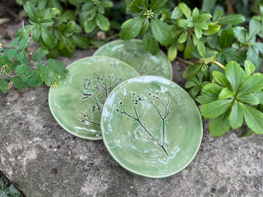 Ceramic Botanical Plates With Plant Imprint | Green With Leaf or Flower ...