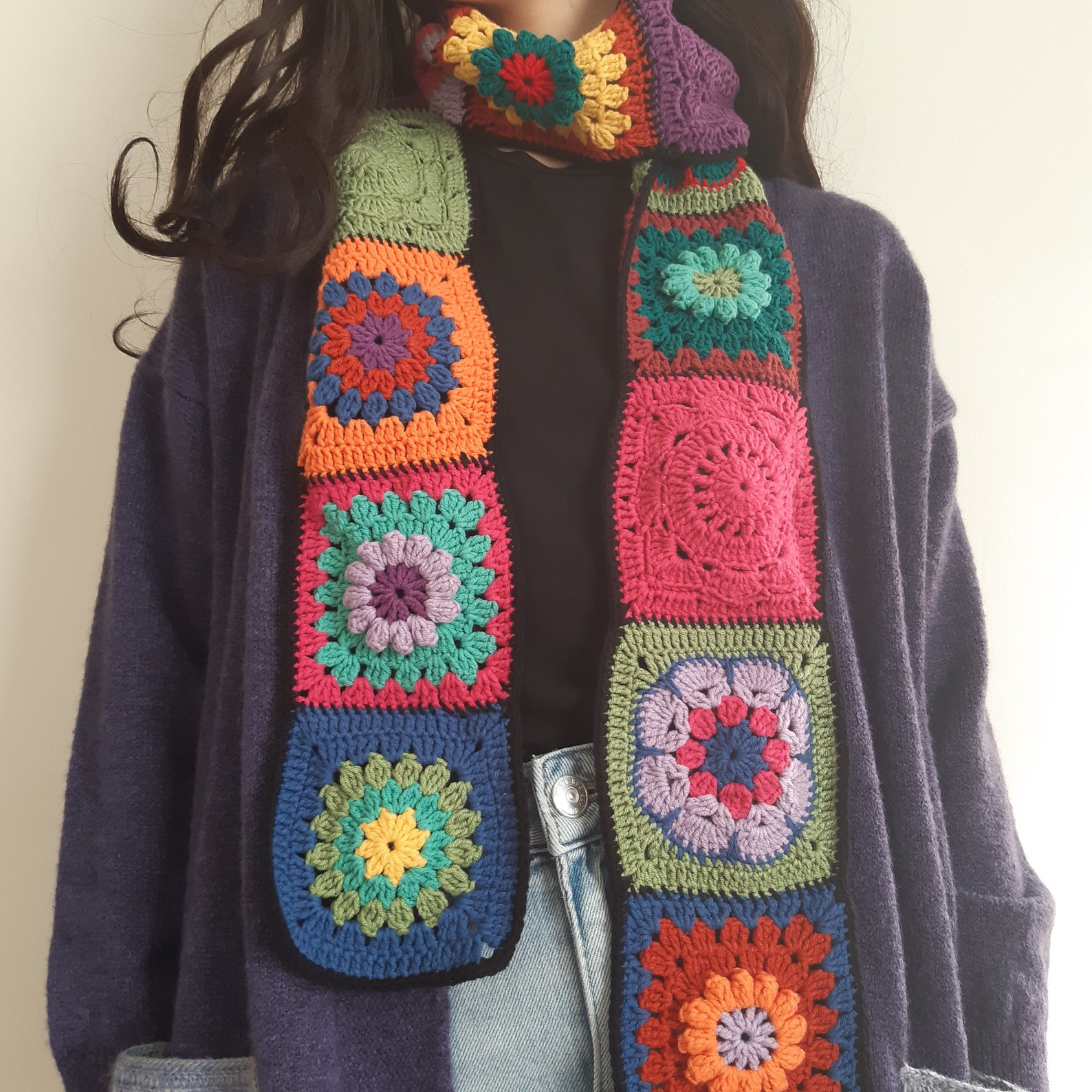 Colorful Patchwork Crochet Scarf Granny Square Scarf Crochet - Etsy