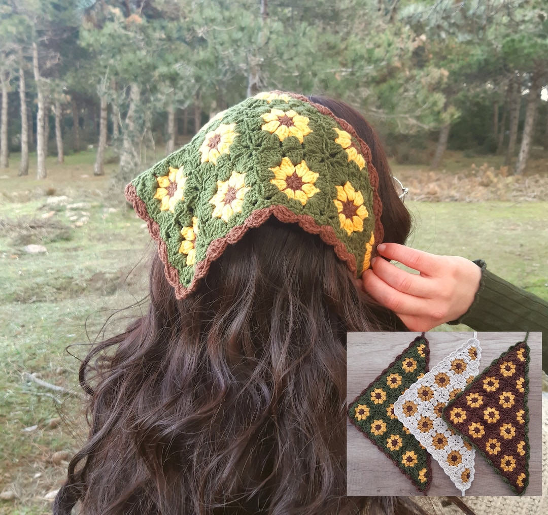 Crochet Sunflower Bandana: Cotton Hair Scarf, Cottagecore Kerchief - Etsy