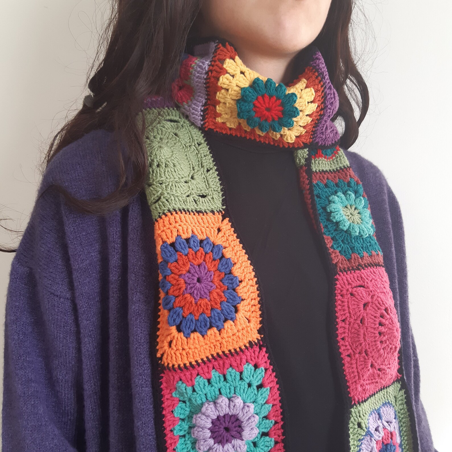 Colorful Patchwork Crochet Scarf Granny Square Scarf Crochet | Etsy