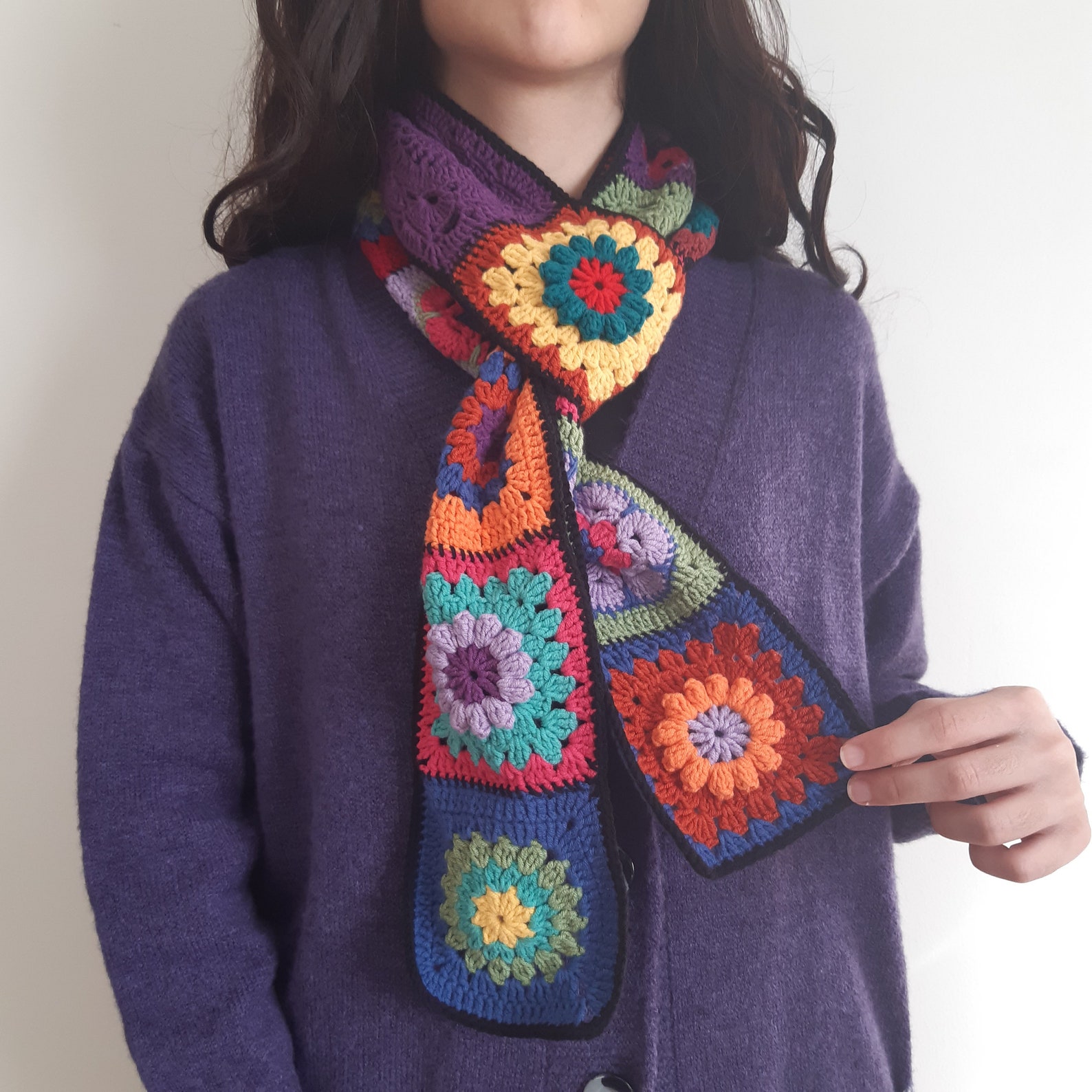 Colorful Patchwork Crochet Scarf Granny Square Scarf Crochet | Etsy