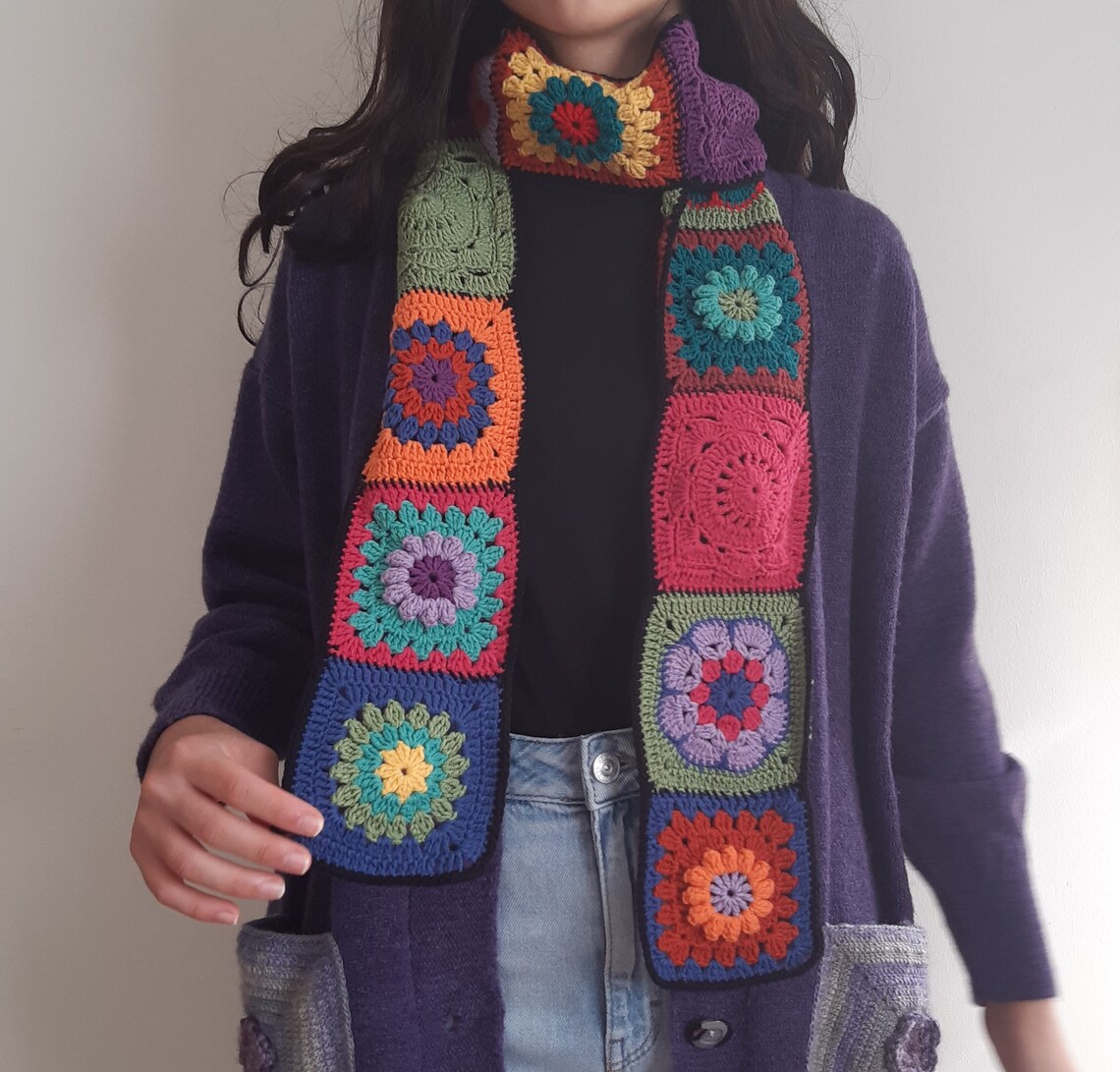 Colorful Patchwork Crochet Scarf Granny Square Scarf Crochet | Etsy