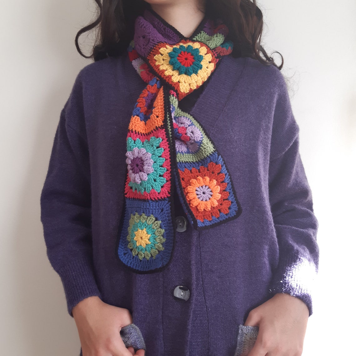 Colorful Patchwork Crochet Scarf Granny Square Scarf Crochet | Etsy