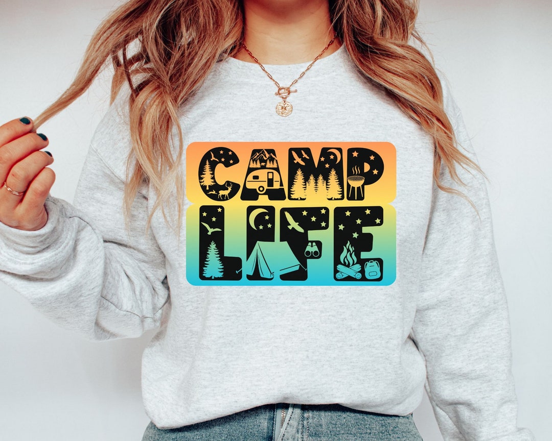 Camp Life Camping Gift, Pine Tree Mountains Campfire Sweatshirt, Happy ...