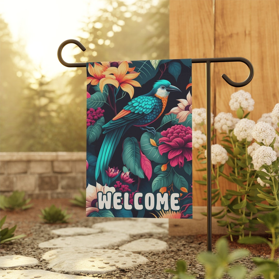 Welcome Garden Flag Yard Art, Garden Flag Birds, Garden Art Birds, Bird ...