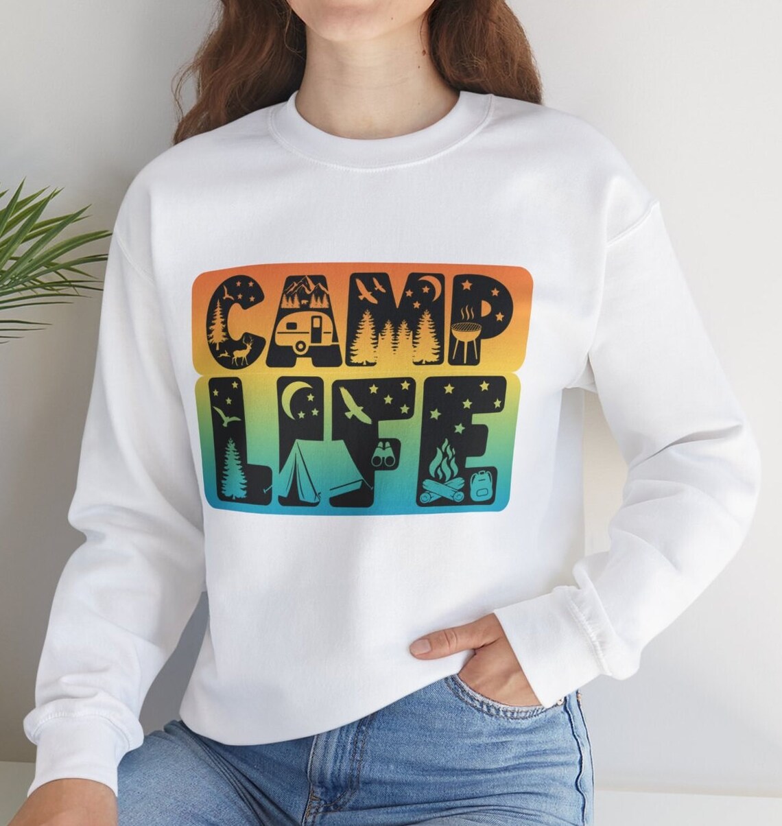 Camp Life Camping Gift, Pine Tree Mountains Campfire Sweatshirt, Happy ...
