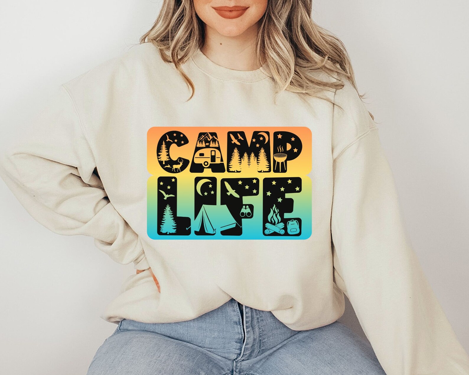 Camp Life Camping Gift, Pine Tree Mountains Campfire Sweatshirt, Happy ...