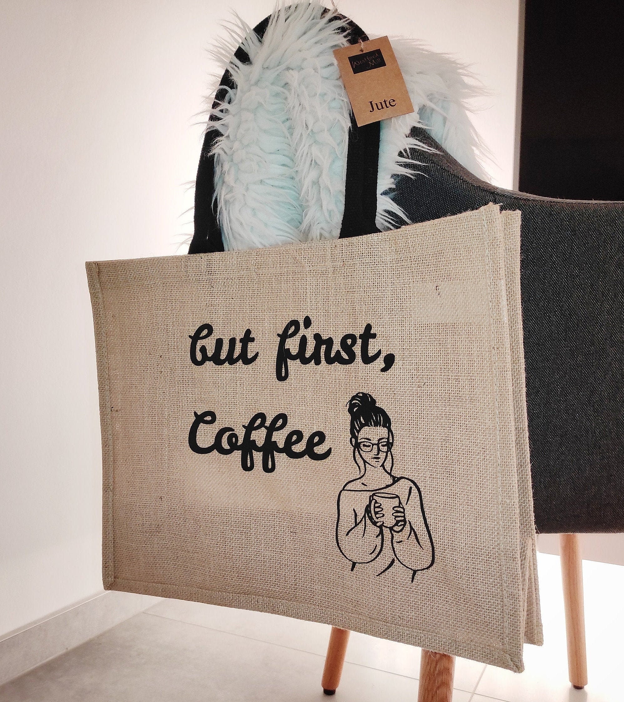 Jute Bag Coffee lovers Shopping bag but first Coffee | Etsy