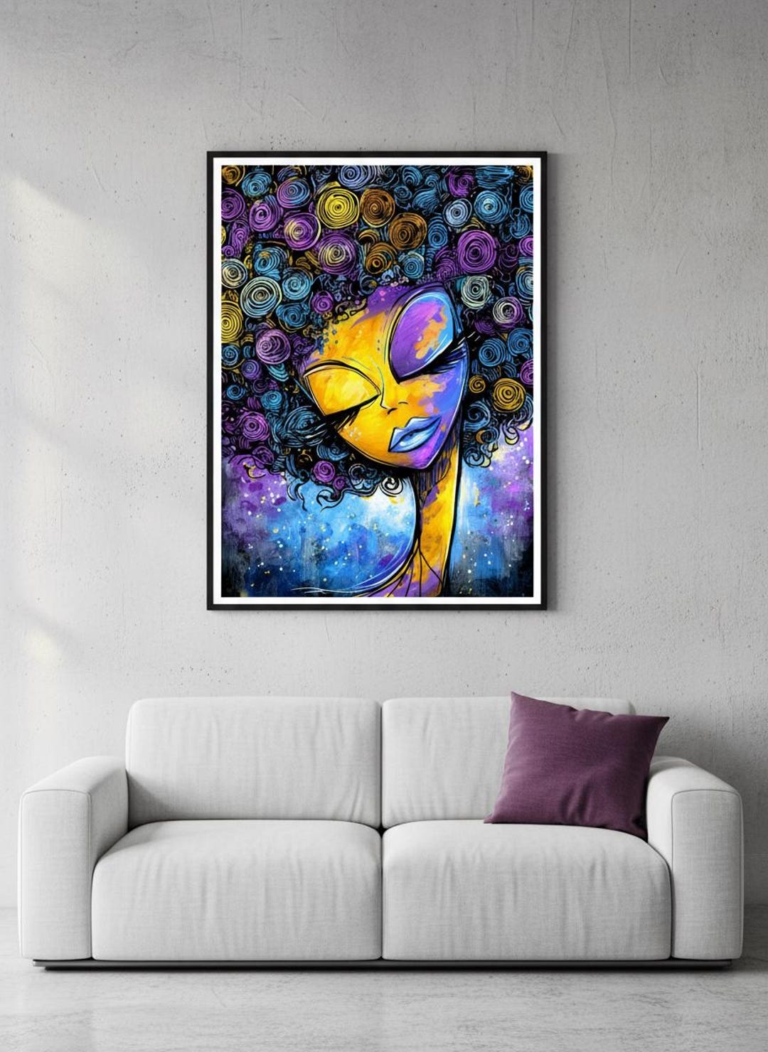 Cosmic Black Woman Art Print – Purple Yellow Afro, Melanin Décor ...