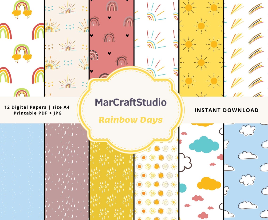 Digital Papers | Rainbow Days | A4 Size | Instant Download | 12 JPG ...