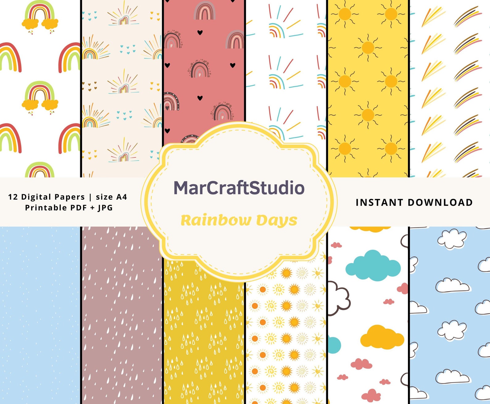 Digital Papers | Rainbow Days | A4 Size | Instant Download | 12 JPG ...