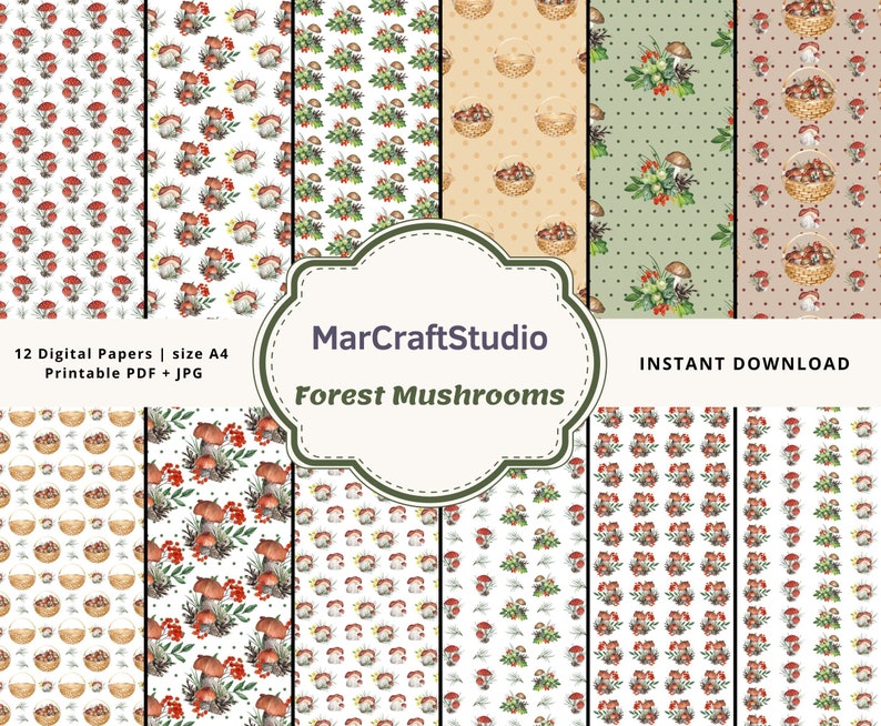 Digital Papers | Forest Mushrooms | A4 Size | Instant Download | 12 JPG ...