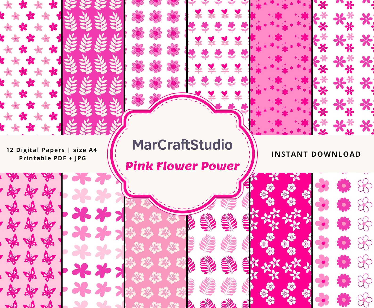 Digital Papers | Pink Flower Power | A4 Size | Instant Download | JPG ...