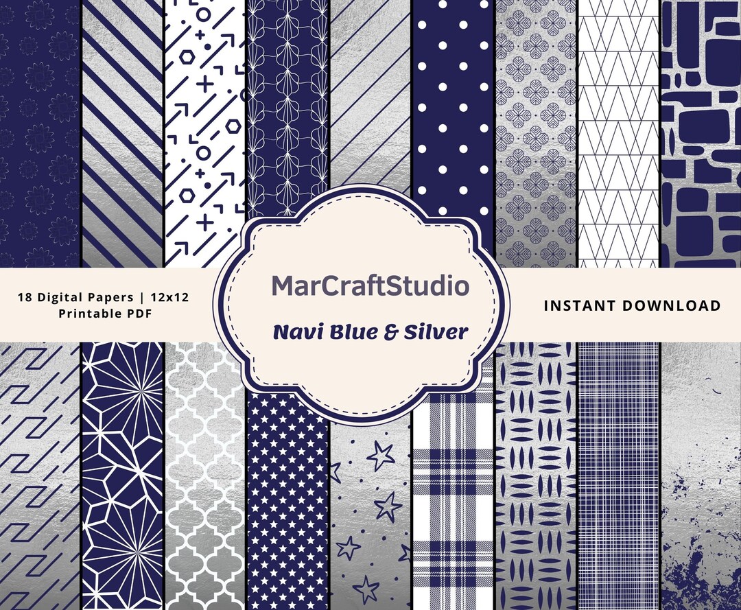Digital Paper | Navy Blue & Silver | Printable 12x12 Size | PDF High ...