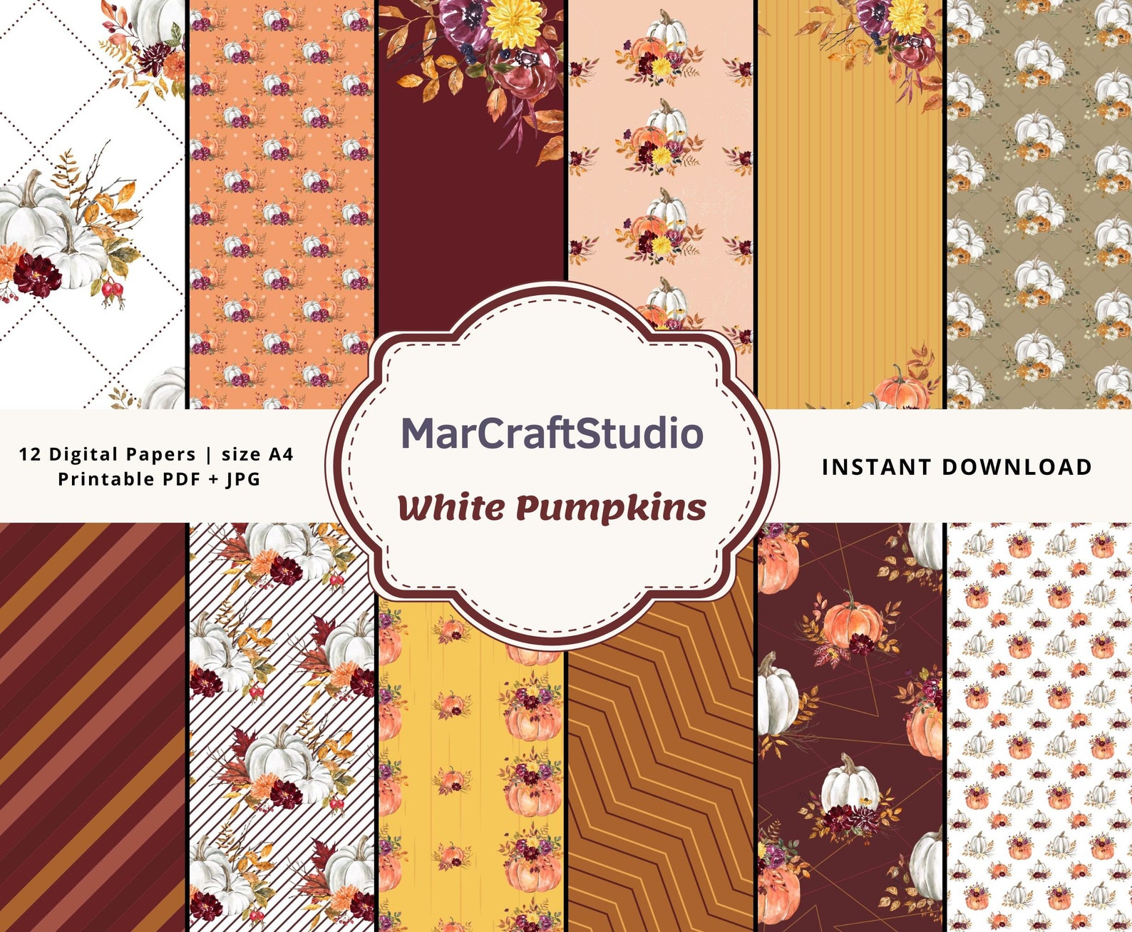 Digital Papers | White Pumpkins | A4 Size | Instant Download | 12 JPG ...