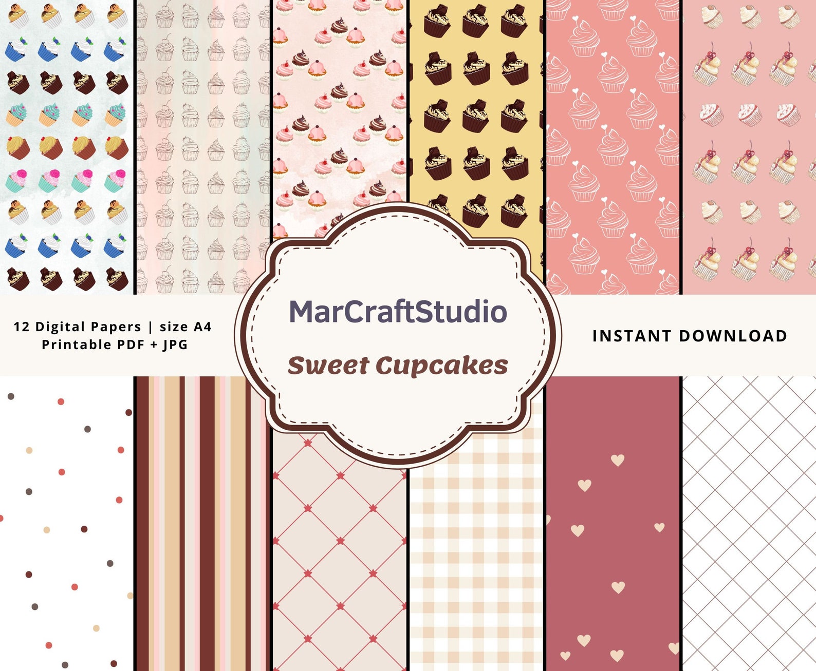 Digital Papers | Sweet Cupcakes | A4 Size | Instant Download | JPG ...