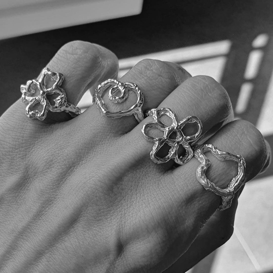 Solid Silver Melted Ring, Molten Ring, Heart Ring, Flower Ring ...