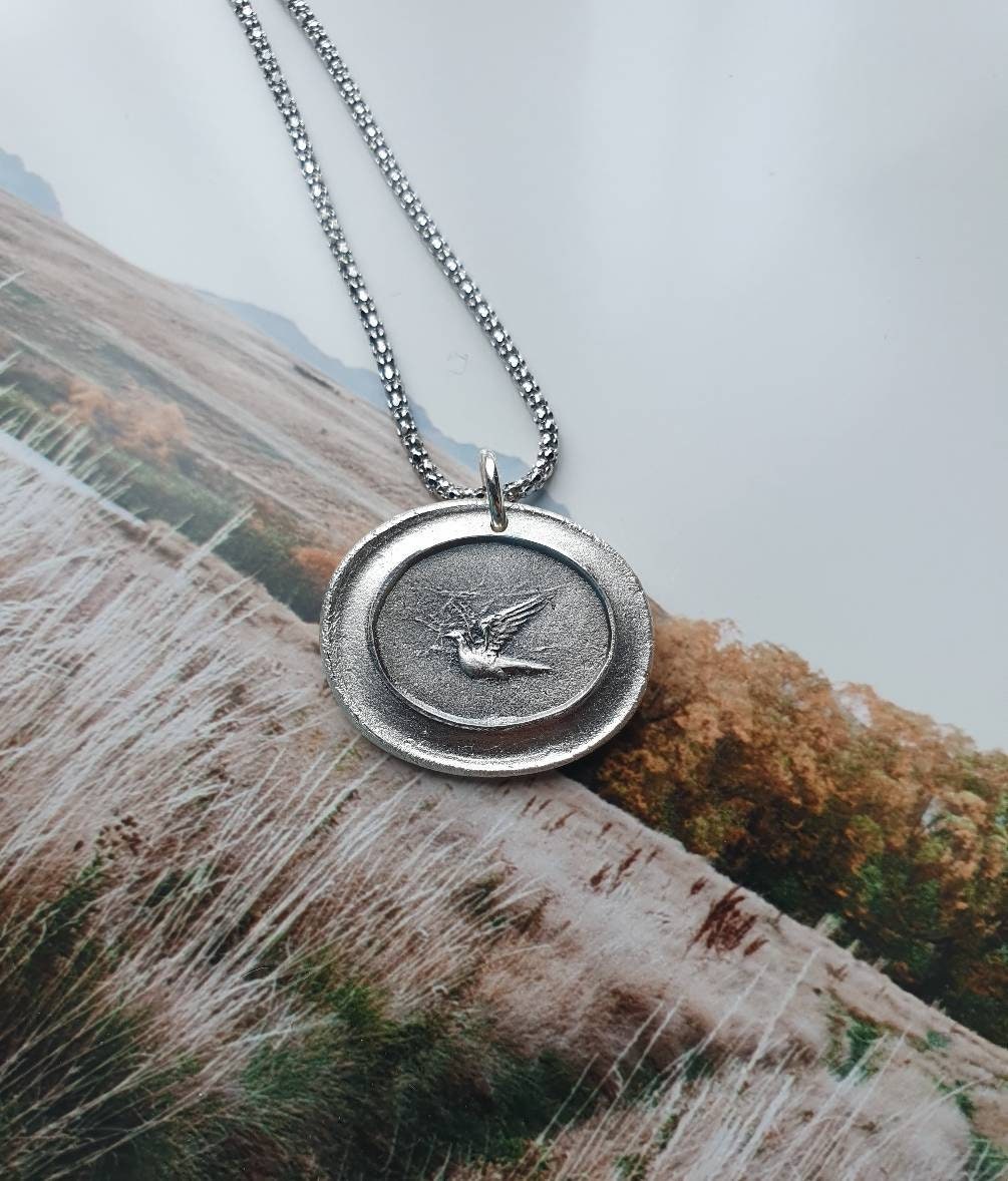 Wax Seal Bird Necklace Antique Silver Pendant Necklace Peace - Etsy