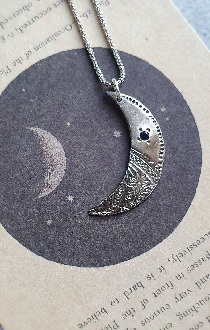 Waxing crescent half Moon pendant with blue Sapphire