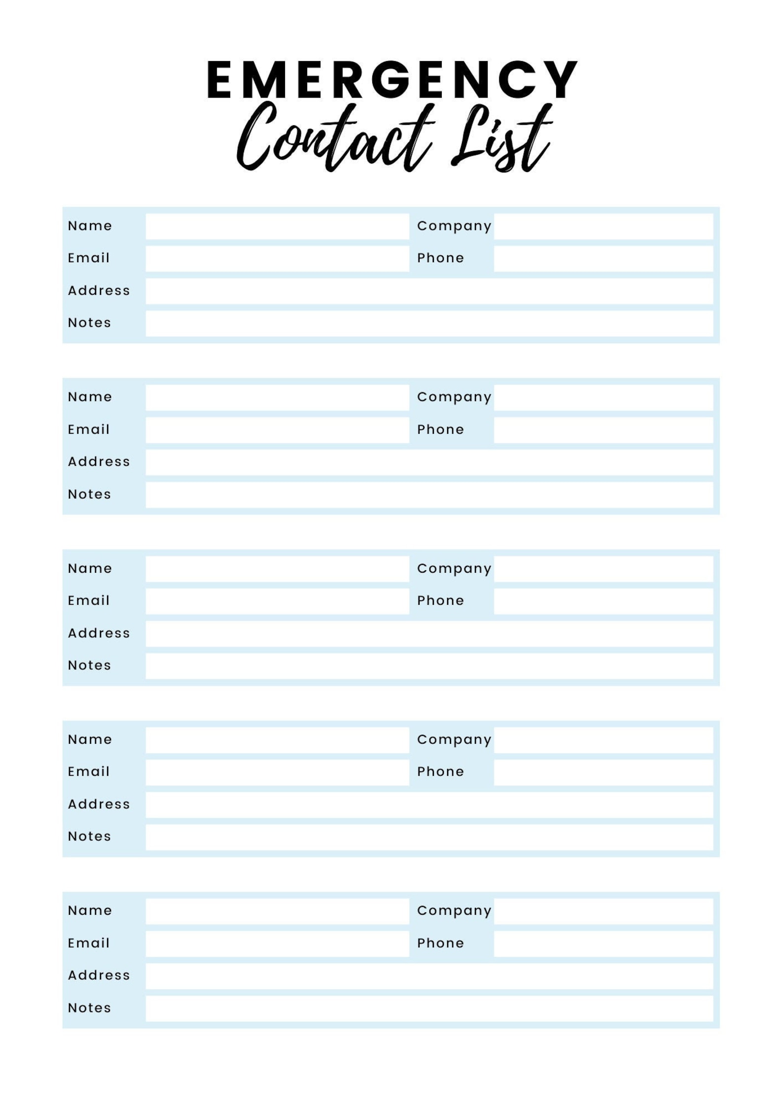 Emergency Contact List | Home Management | Sitters | Vacation Planning ...