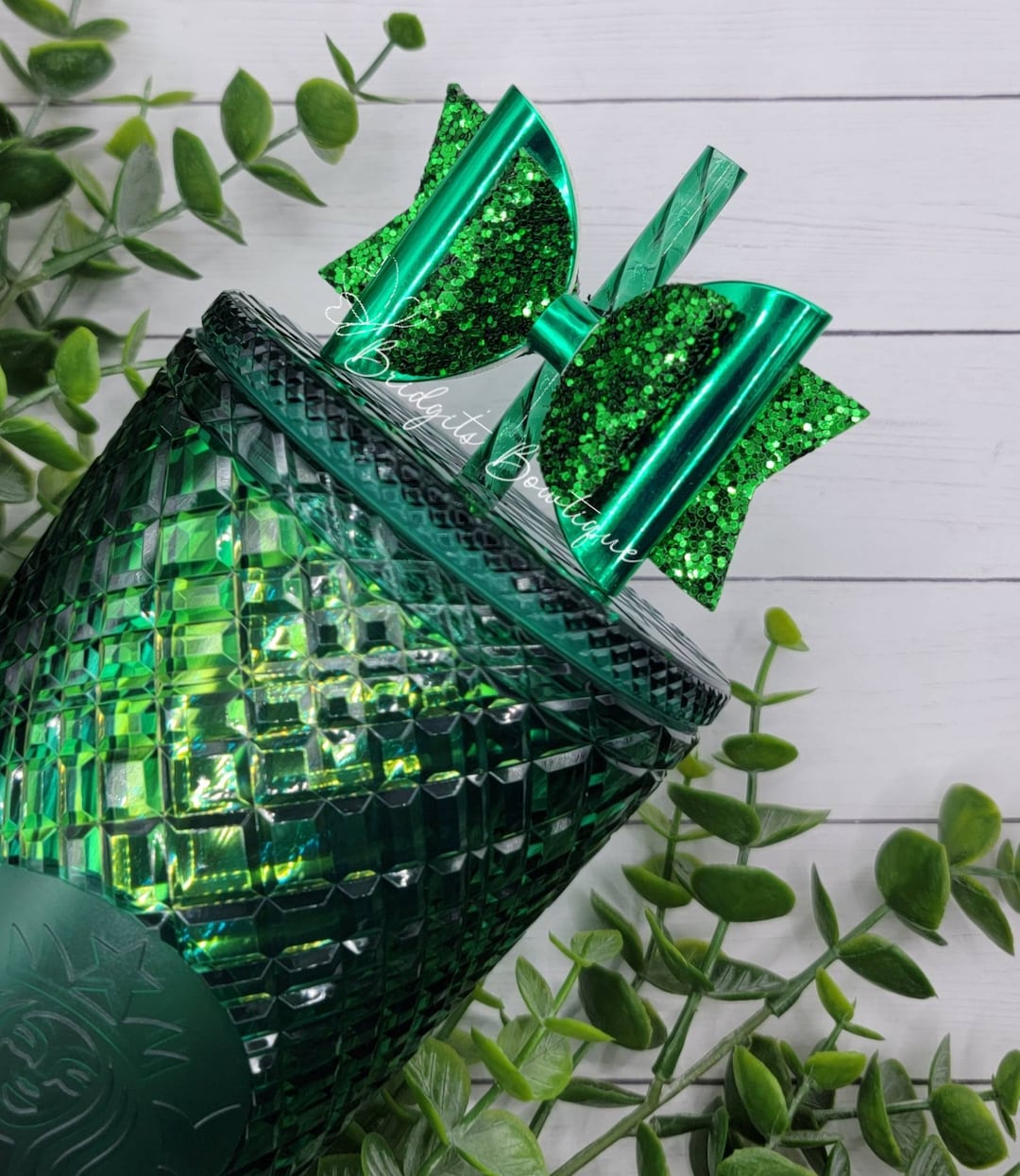 Green Mirror & Green Glitter Straw Bow | Straw Bow | Straw Topper Bow ...