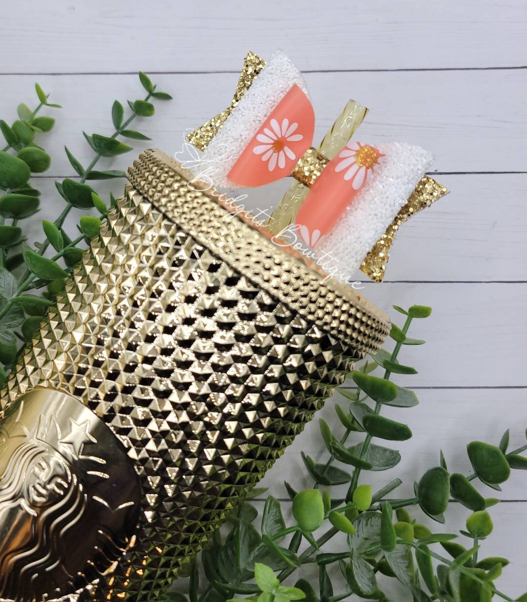 Salmon Pink Flower, White & Gold Glitter Straw Bow | Straw Bow Topper ...