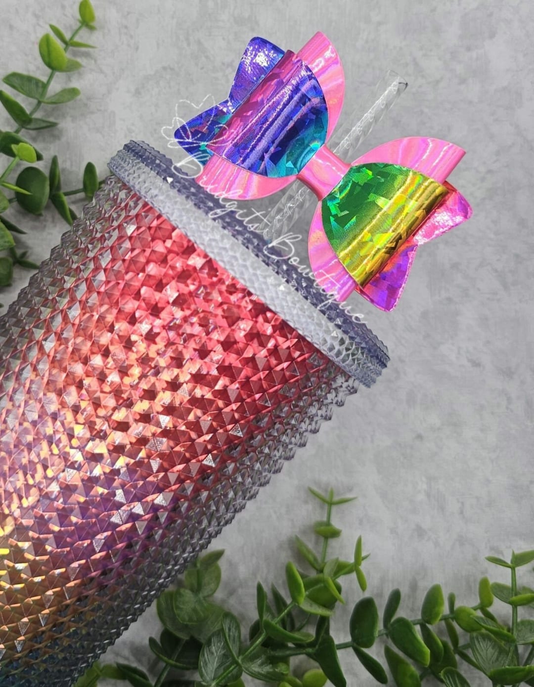 Rainbow Holographic Stanley Straw Bow | Bow Straw Topper | Pink ...