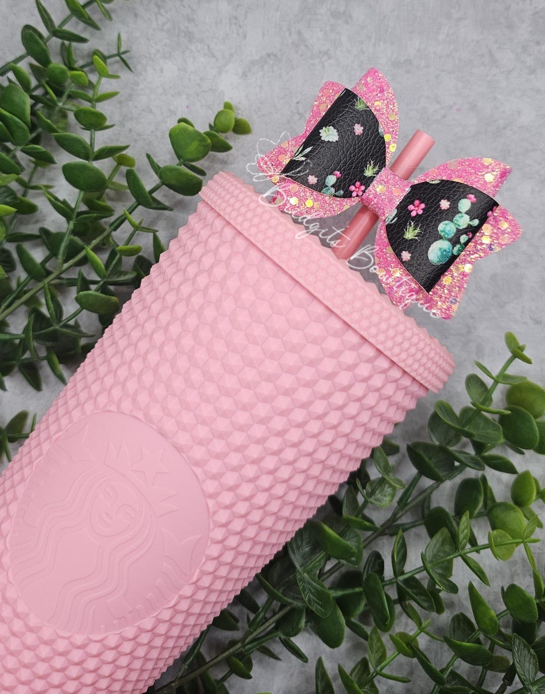 Cactus & Dark Pink Iridescent Glitter Straw Bow | Straw Bow Topper ...