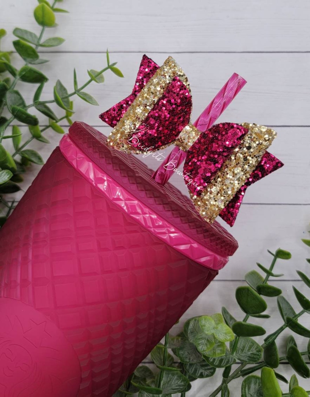 Pink Sangria & Gold Glitter Straw Bow | Straw Bow | Straw Topper Bow ...