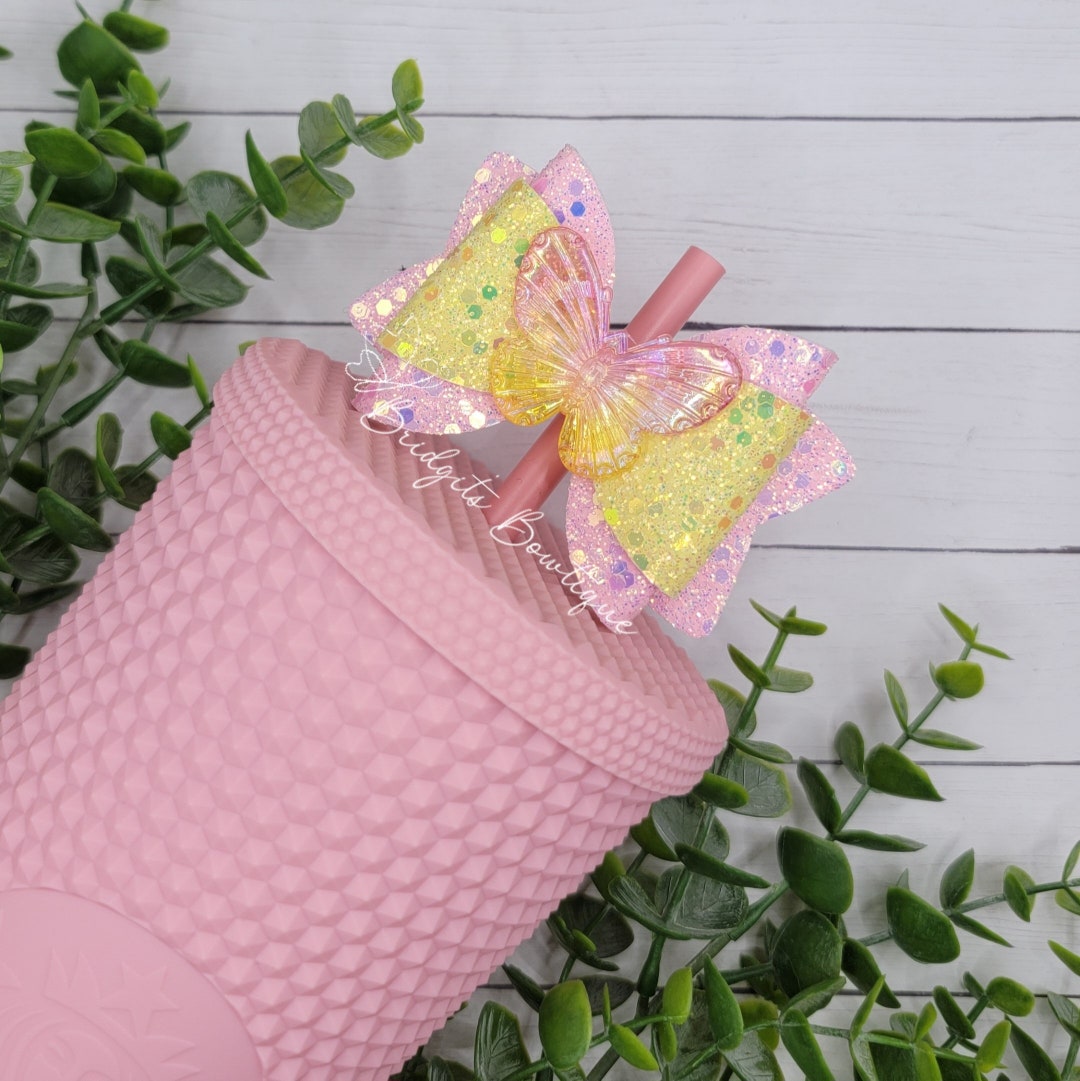 Pink & Yellow Glitter Butterfly Straw Bow | Straw Bow Topper | Straw ...