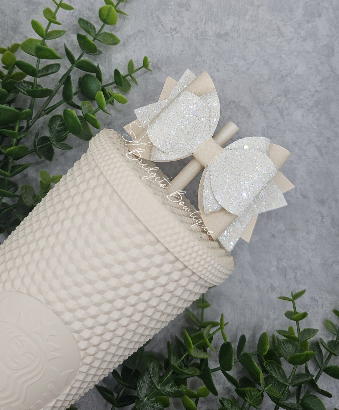 Pearl White & Cream Glitter Stanley Bow | Starbucks Straw Bow | Stanley ...