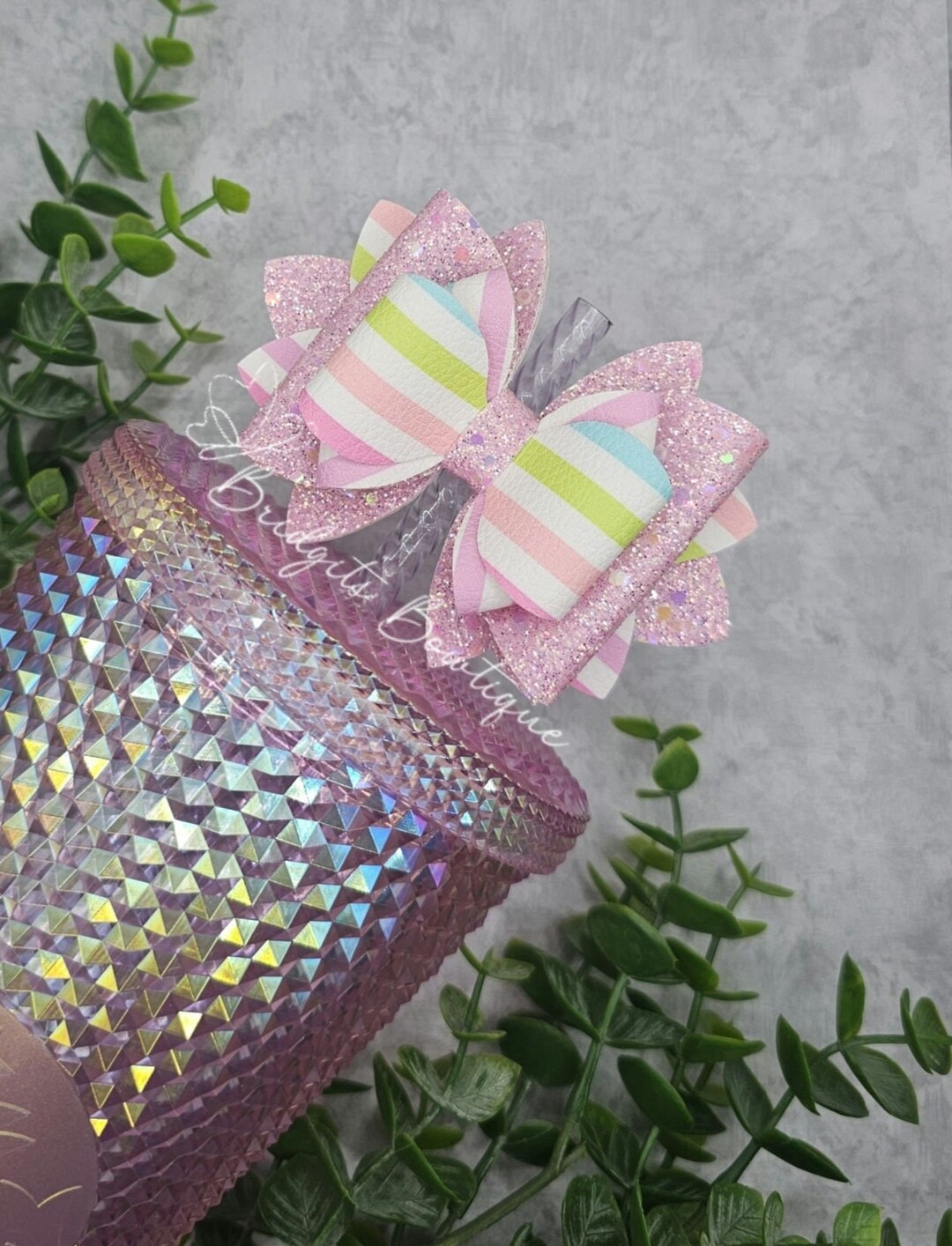Pastel Stripe Bow | Pink Glitter Bow | Stanley Bow Topper | Bows for ...