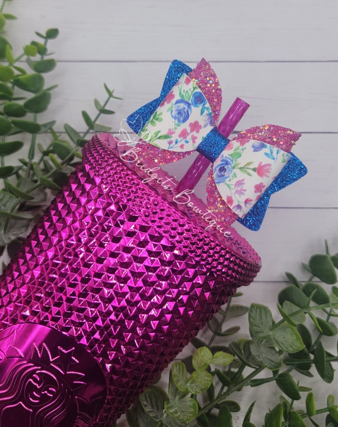 Blue & Pink Floral Straw Bow | Straw Bow Topper | Straw Bows | Stanley ...