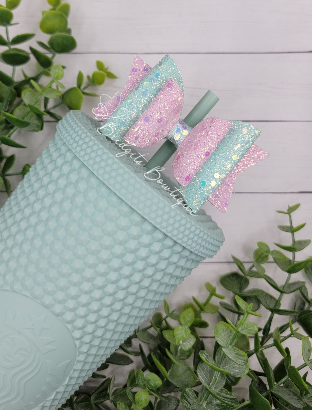 Baby Pink & Mint Glitter Straw Bow | Stanley Bow | Straw Topper Bow ...
