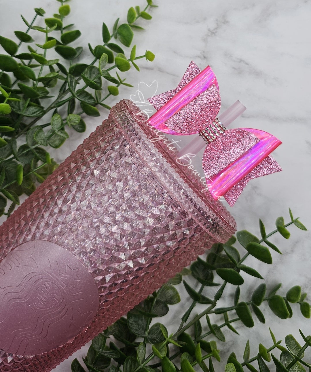Pink Glitter & Pink Holographic Straw Bow Straw Topper Straw Bow Bow ...