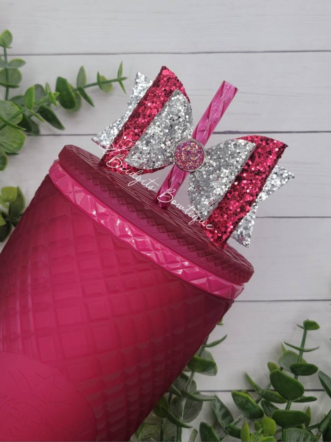 Fuschia Pink & Silver Glitter Straw Bow | Straw Bow Topper | Straw Bow ...