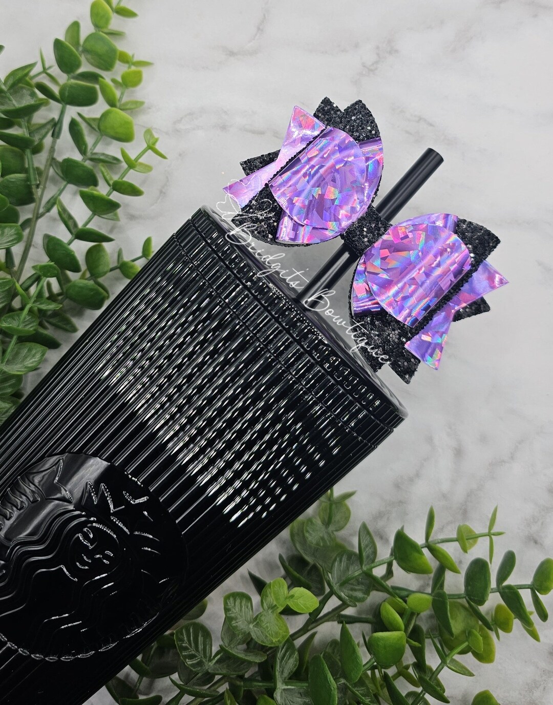 Black Glitter & Purple Holographic Straw Bow | Stanley Bow Topper Bows ...
