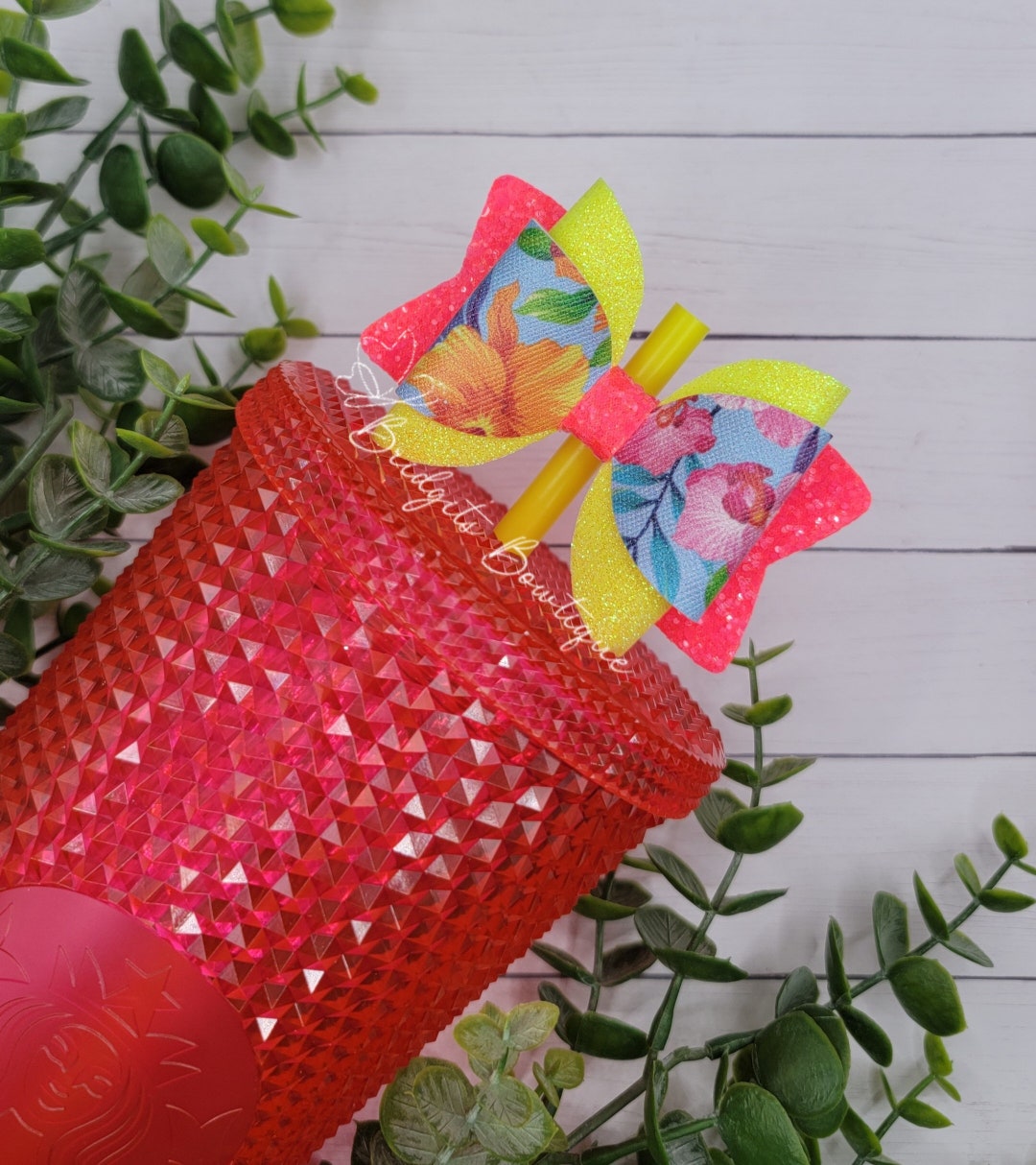 Hawaiian Floral Neon Glitter Straw Bow | Straw Bow Topper | Straw Bows ...