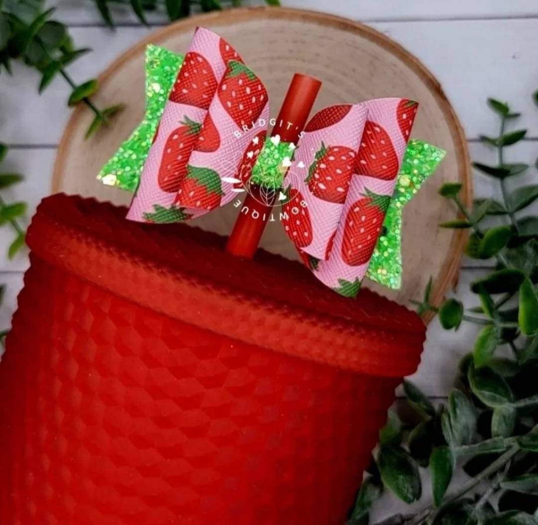 Strawberry & Green Glitter Straw Bow | Straw Bow Topper | Straw Topper ...