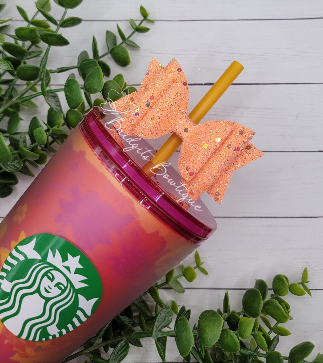 Orange Iridescent Glitter Straw Bow | Straw Bow | Starbucks Straw ...