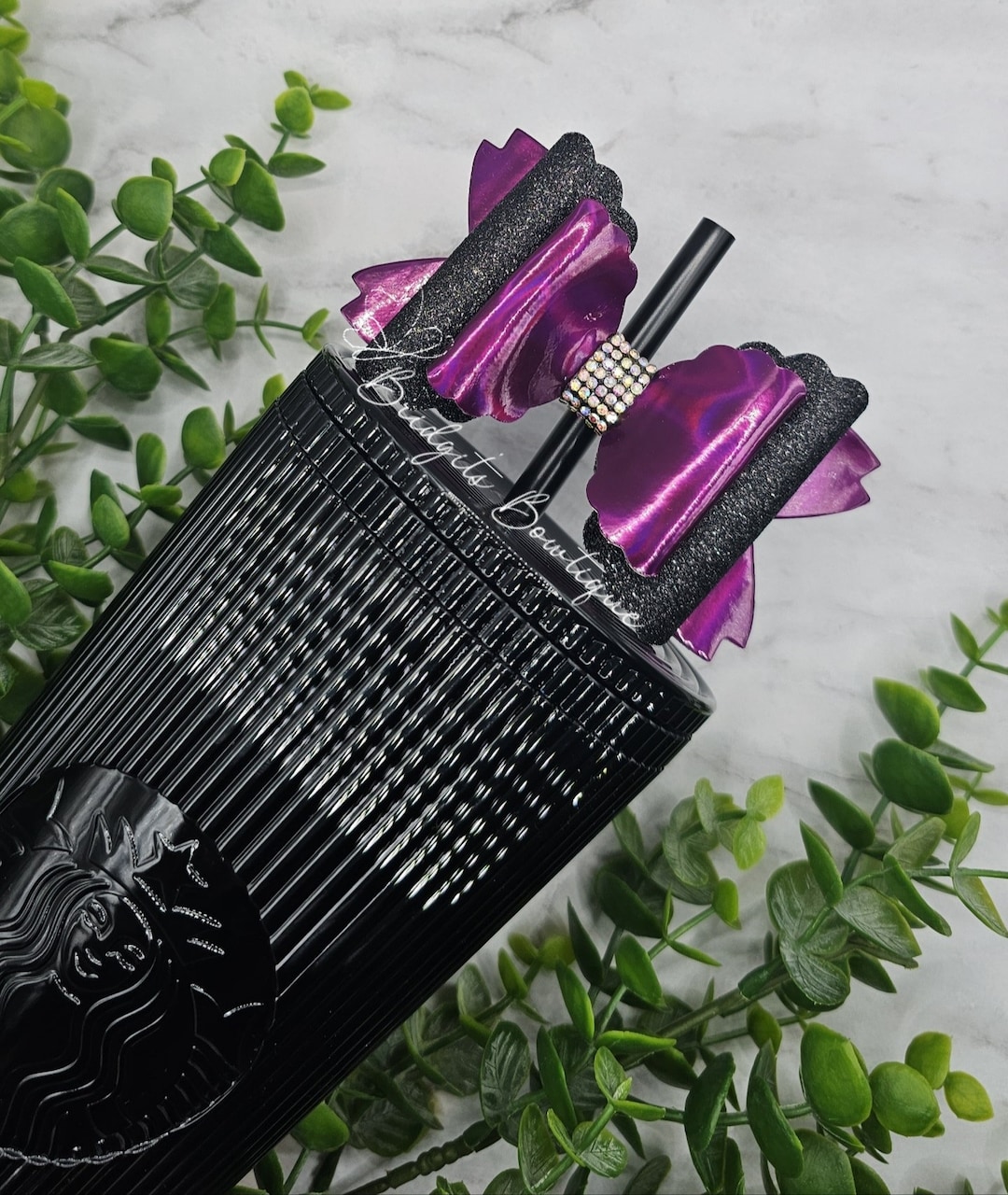 Purple Berry Wine & Black Glitter Straw Bow Bow Straw Topper Stanley ...