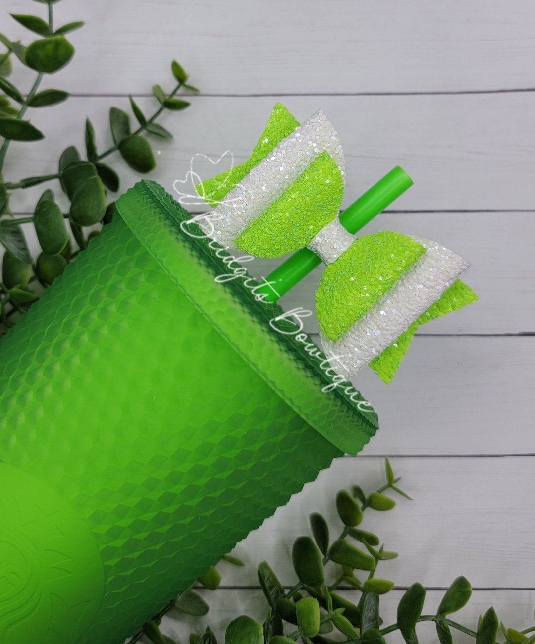 Neon Green & White Glitter Straw Bow Topper Straw Topper Bow Bows for ...