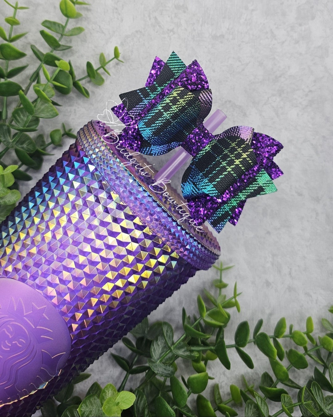 Oil Slick Plaid Purple Glitter Stanley Bow | Starbucks Straw Bow ...