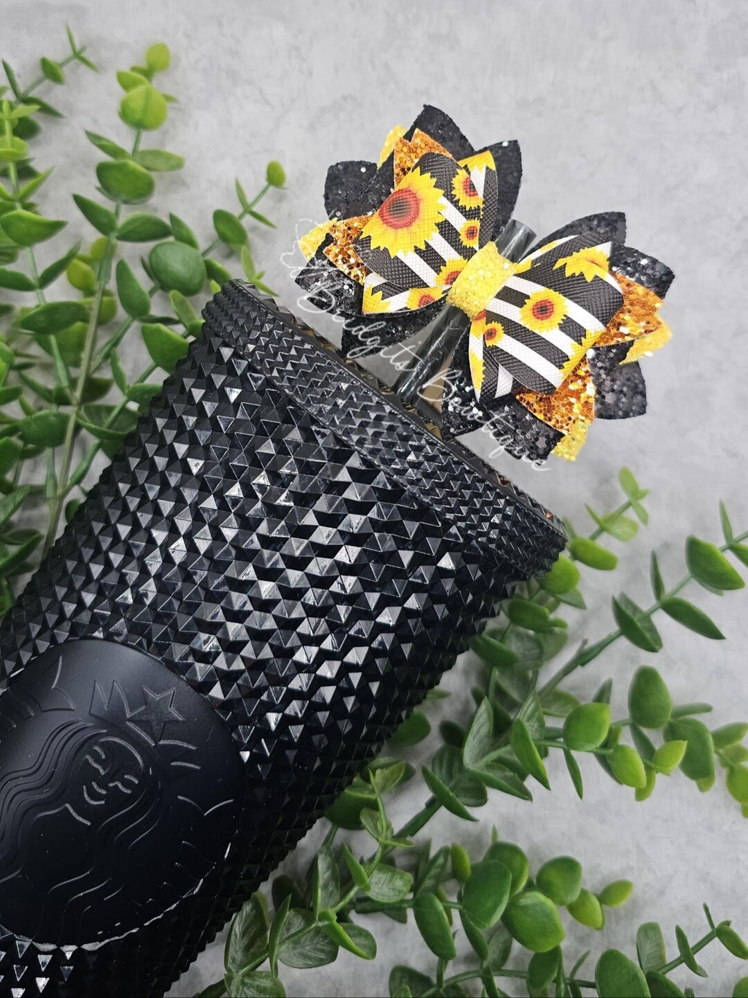 Black Glitter & Sunflower Stanley Tumbler Bow | Stanley Cup Bow | Straw ...