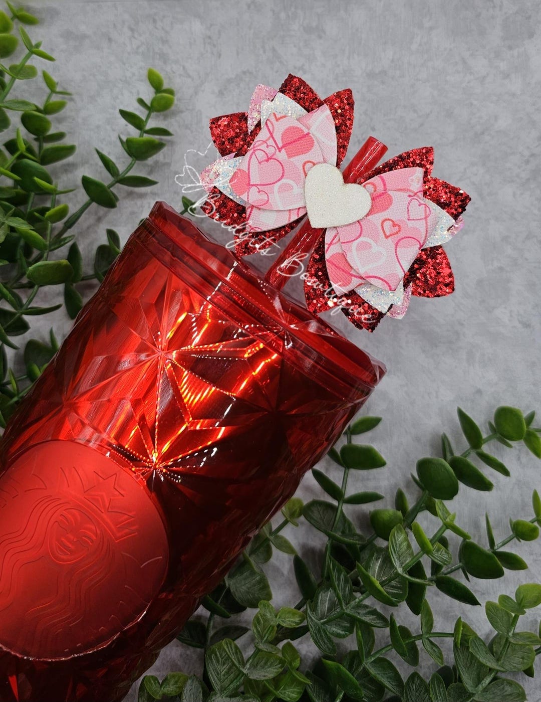 Red, Pink & White Heart Stanley Bow Topper | Starbucks Straw Bow ...